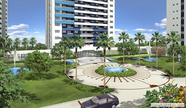 Perspectiva da fachada e entrada principal do empreendimento.